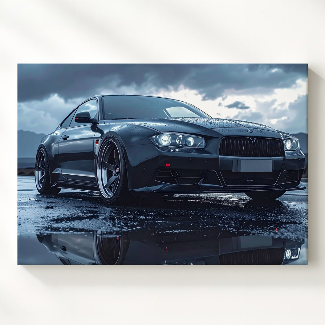 BMW M4 Sunset Reflection Canvas – Black Performance Car on Wet Road ...