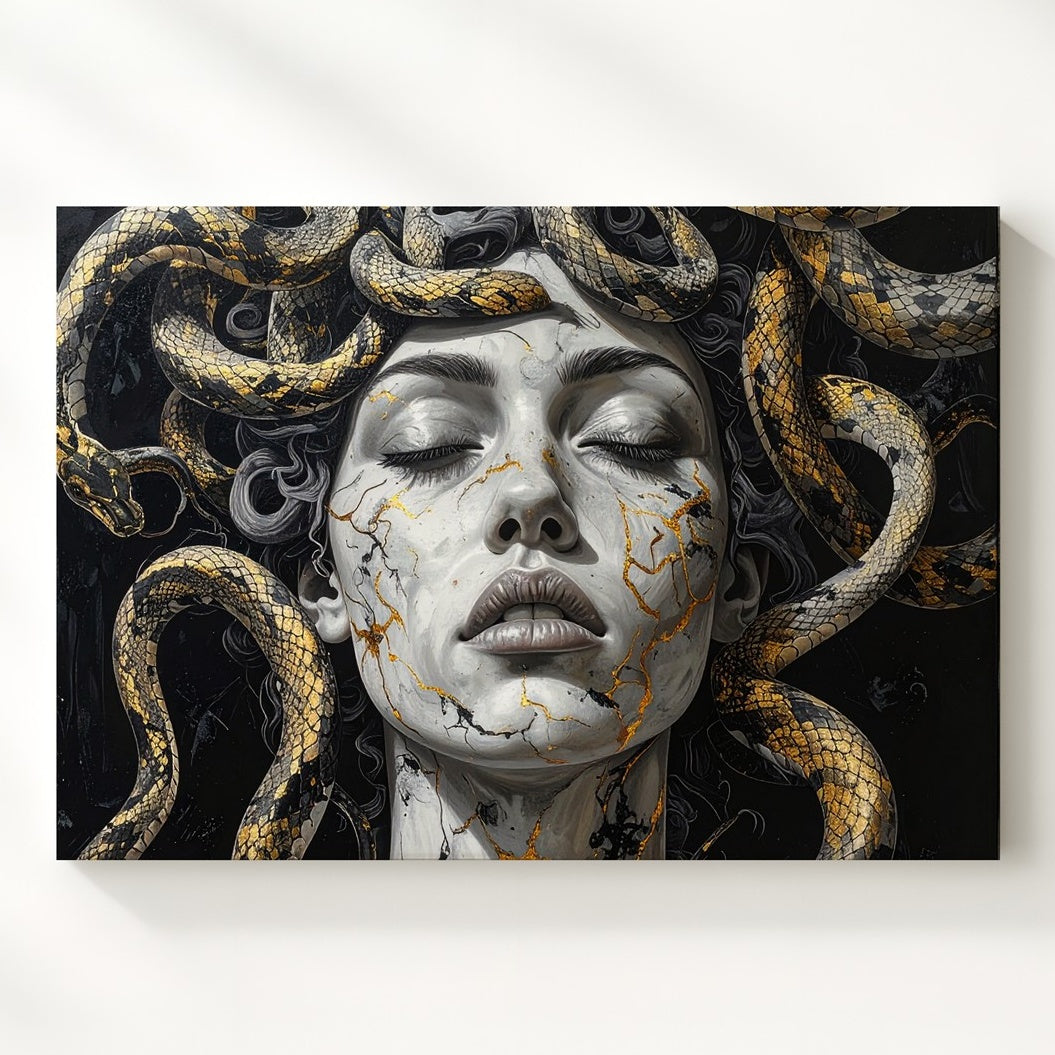 Gilded Medusa Canvas – Mythical Serpent Queen Marble Portrait Wall Art ...