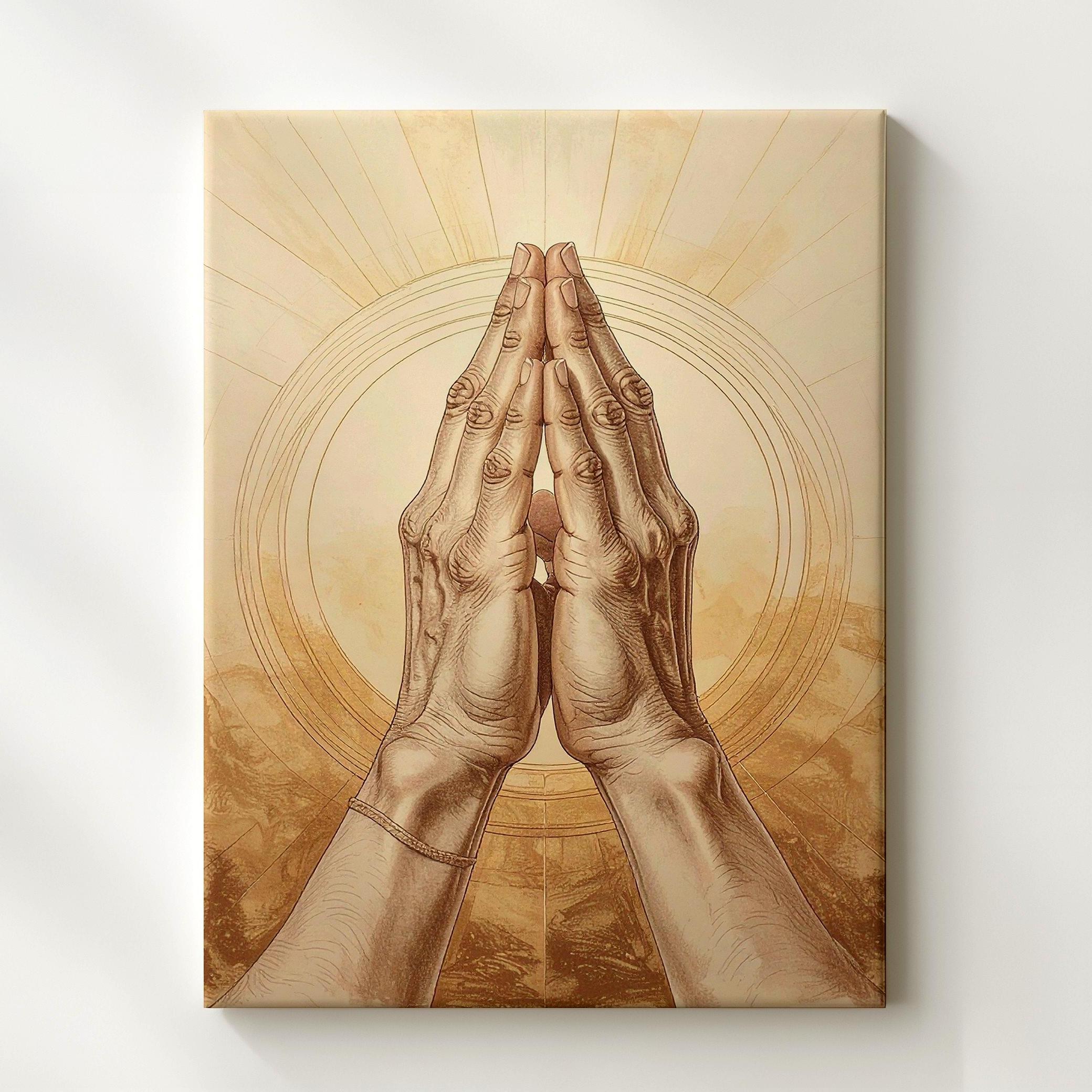 Praying Hands Sketch Canvas – Pencil Drawing with Golden Light Rays ...